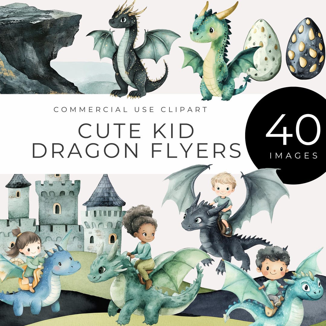Dragonflight Clipart INSTANT DOWNLOAD Watercolor Kids Riding Magical ...