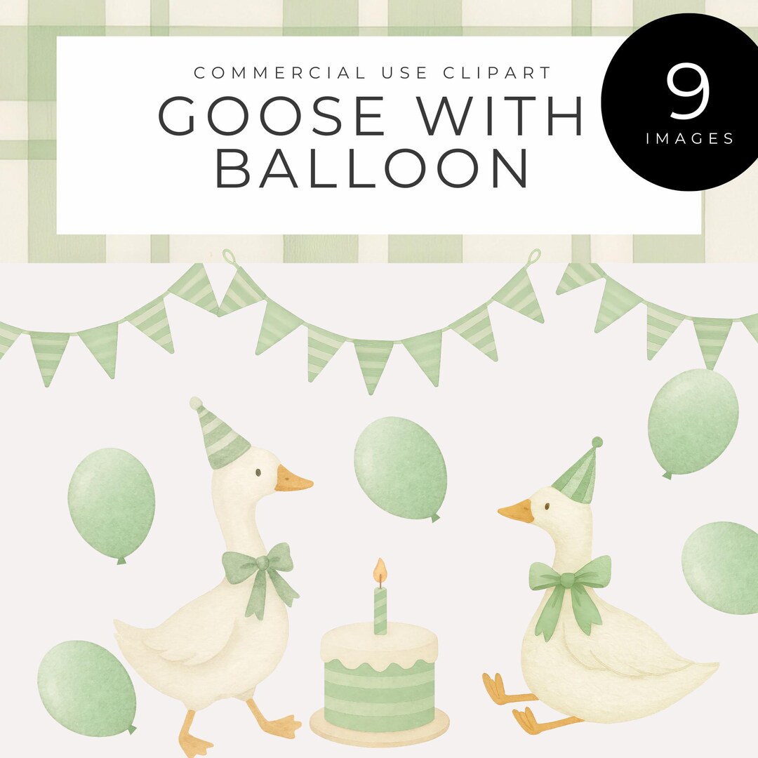 Goose With Balloon Clipart, Instant Download, Green Watercolor Party ...