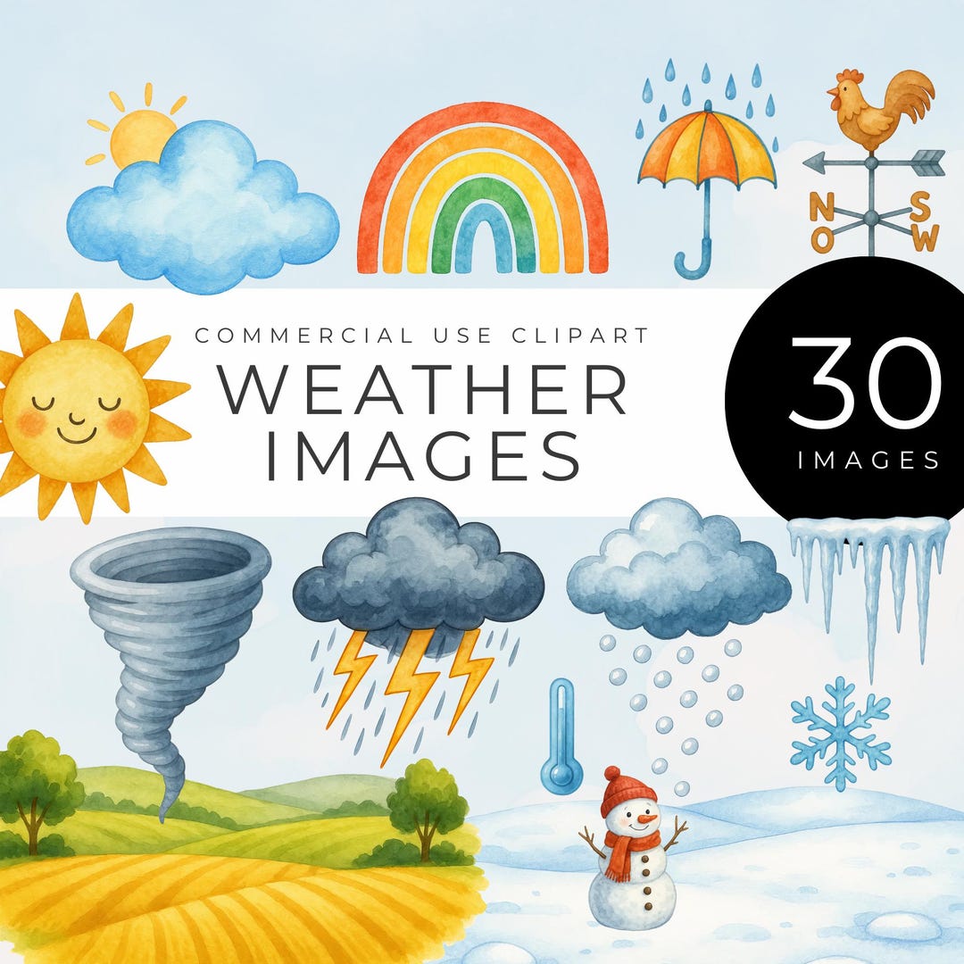 Weather Clipart, Watercolor Sun, Clouds, Rain, Snow, Rainbow, Storm ...