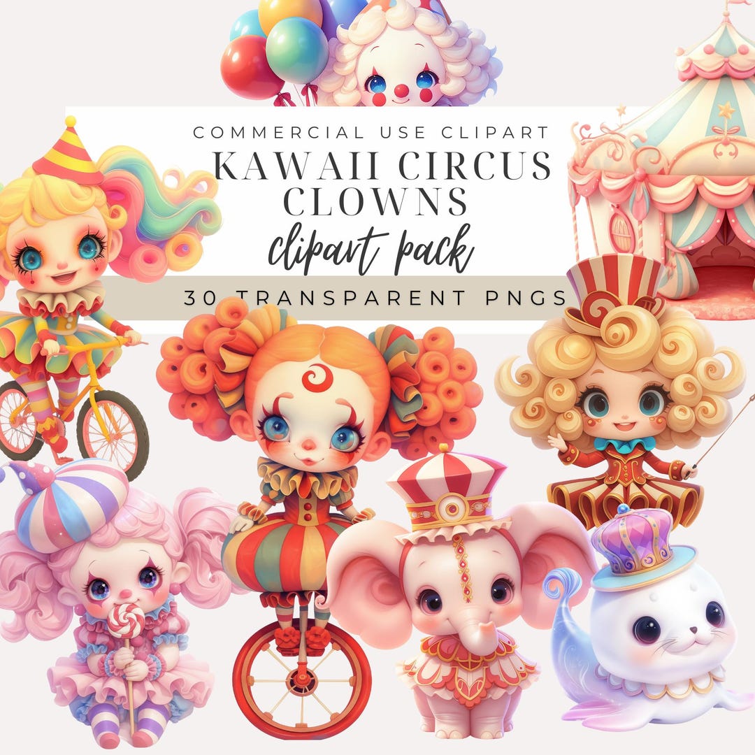 Cute Cartoon Clowns Clipart INSTANT DOWNLOAD Kawaii Chibi Colorful ...