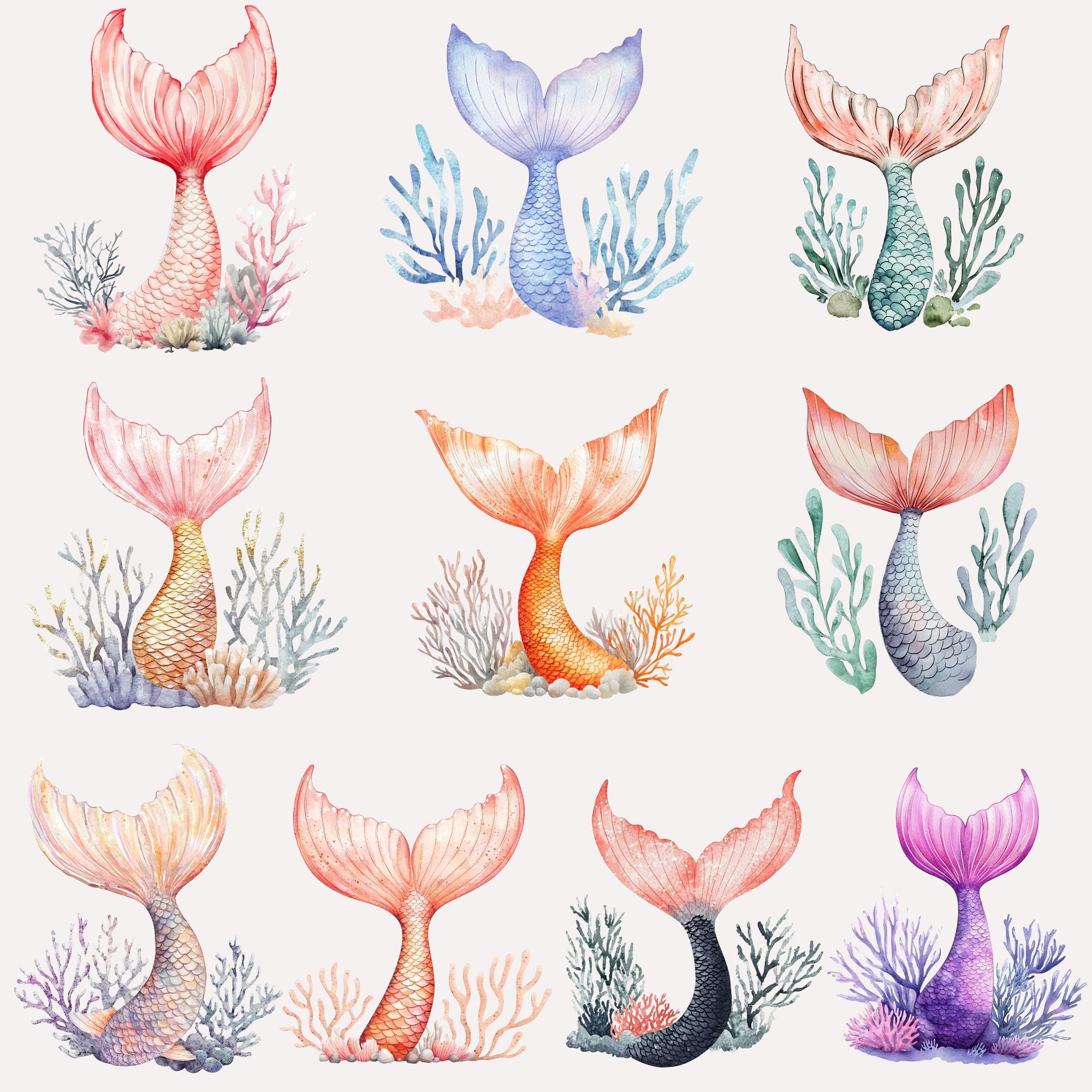 Watercolor Mermaid Tails Clipart, INSTANT DOWNLOAD, Fantasy Ocean ...
