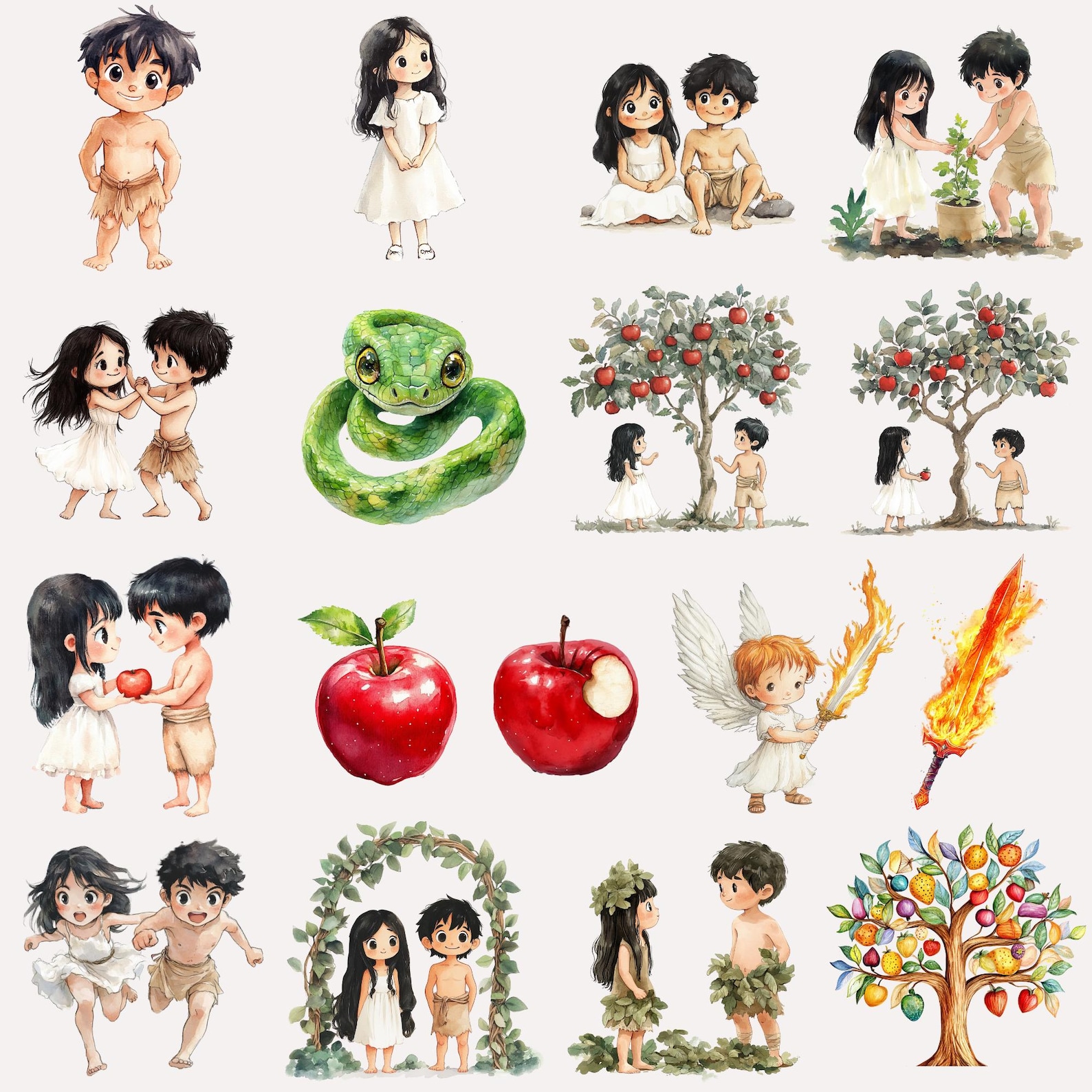 Bible Characters Clipart, Watercolor Adam and Eve Story, Christian ...