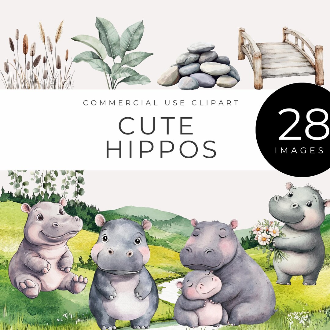 Cute Hippo Clipart, Baby Hippo Watercolor PNG, Safari Animal Digital ...