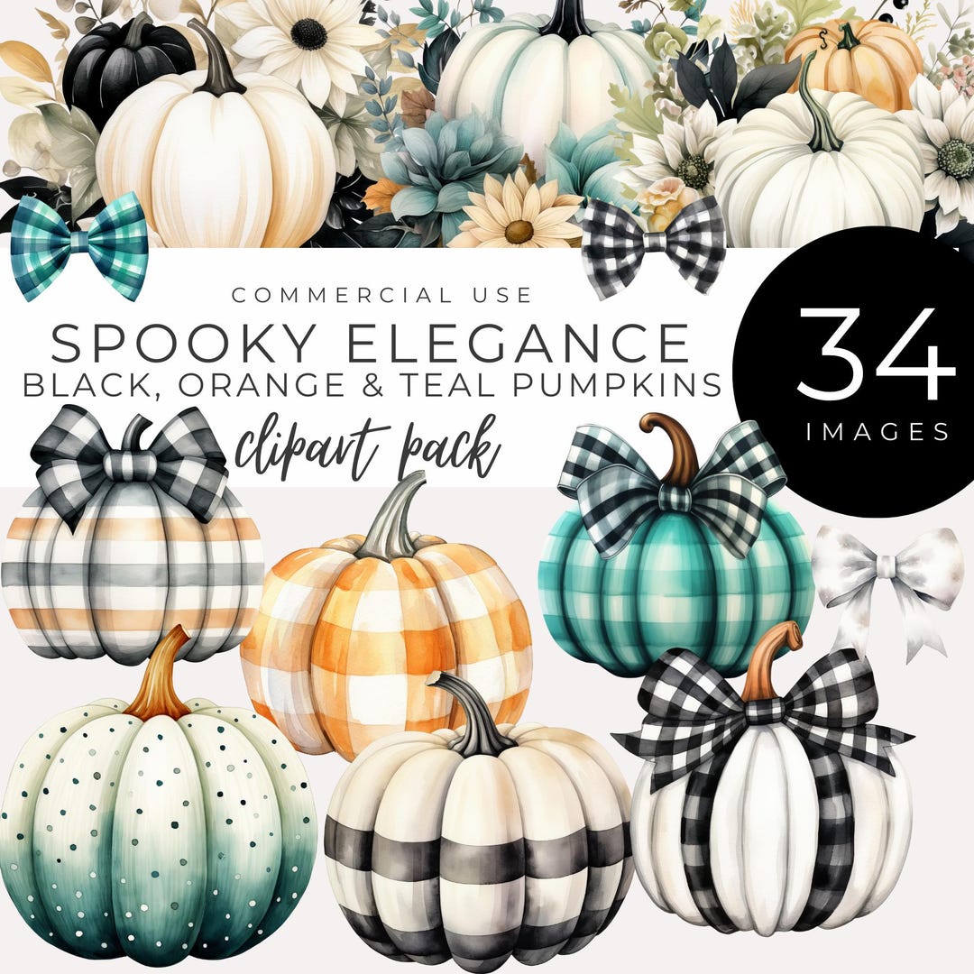 Watercolor Autumn Pumpkin Clipart INSTANT DOWNLOAD Teal Buffalo Check ...