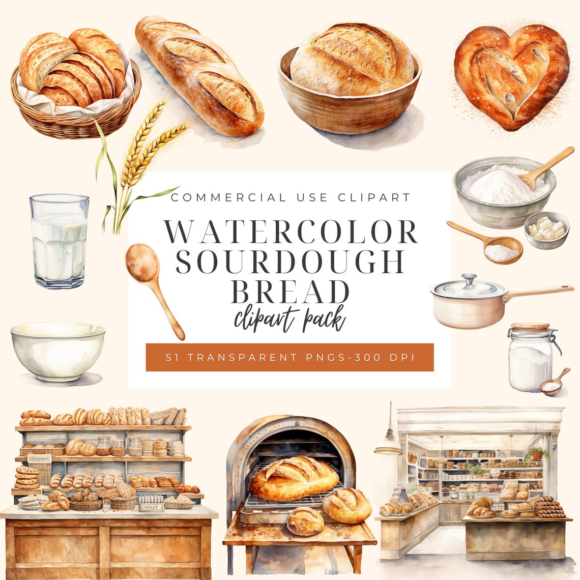 Watercolor Bakery Clipart INSTANT DOWNLOAD Watercolor Sourdough Bread ...