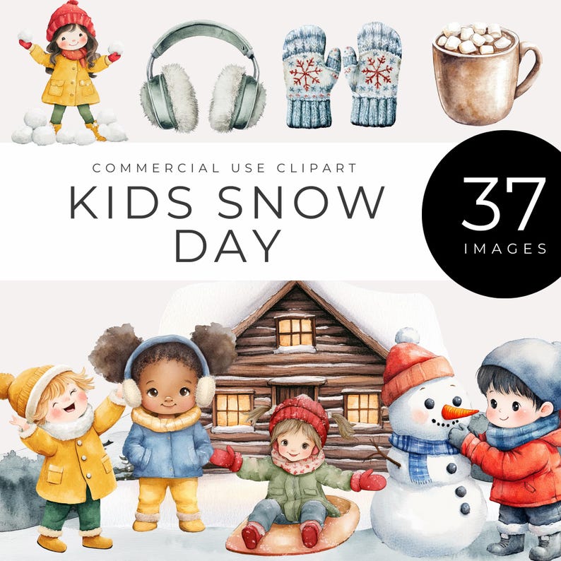 Watercolor Kids Snow Day Clipart INSTANT DOWNLOAD Winter Fun Images ...