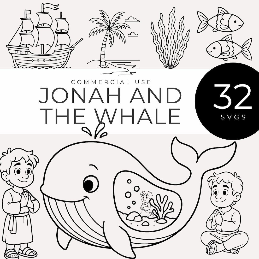 Jonah and the Whale Svgs, Bible Story Clipart for Kids, Sunday School ...