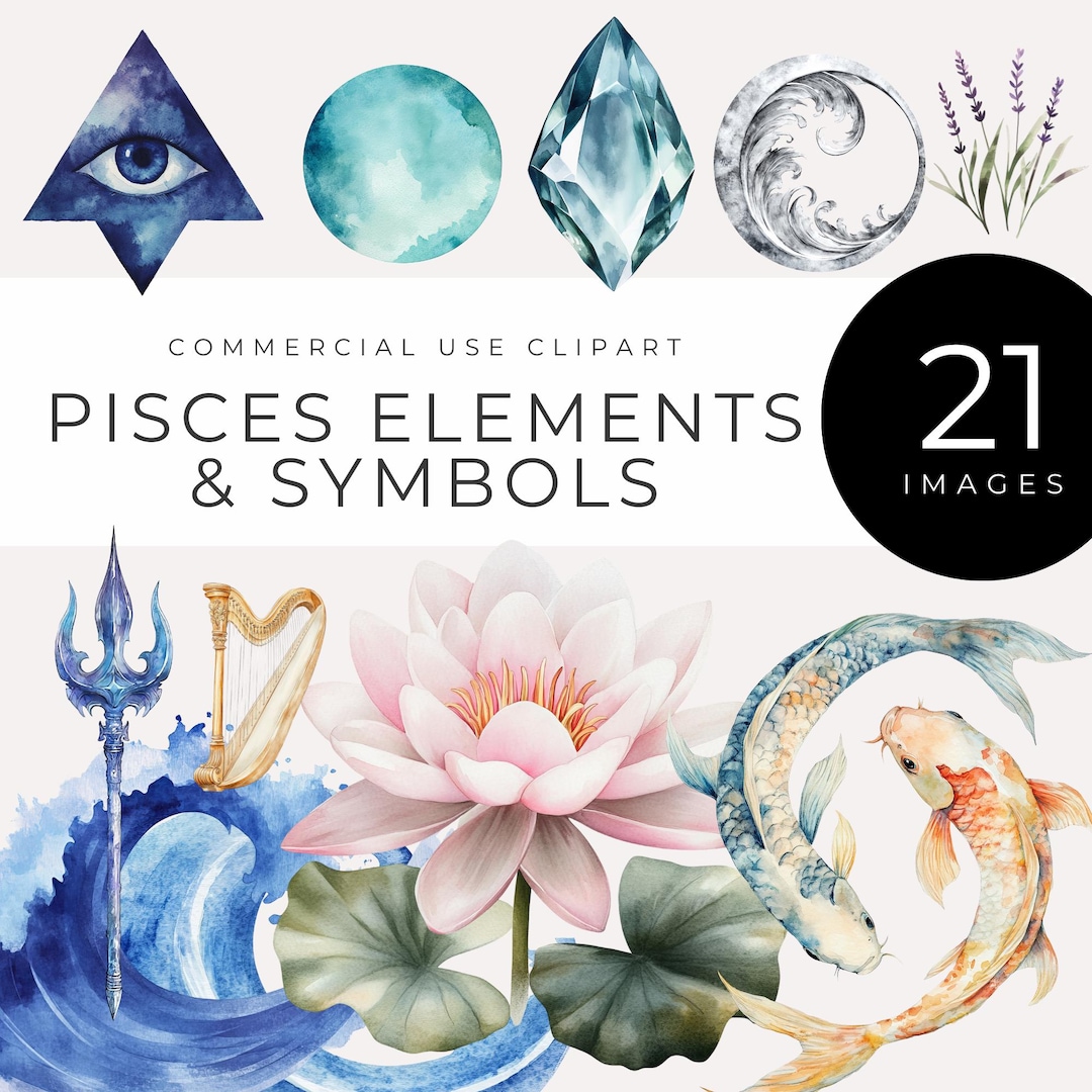 Pisces Elements & Symbols Clipart, Instant Download, Watercolor ...