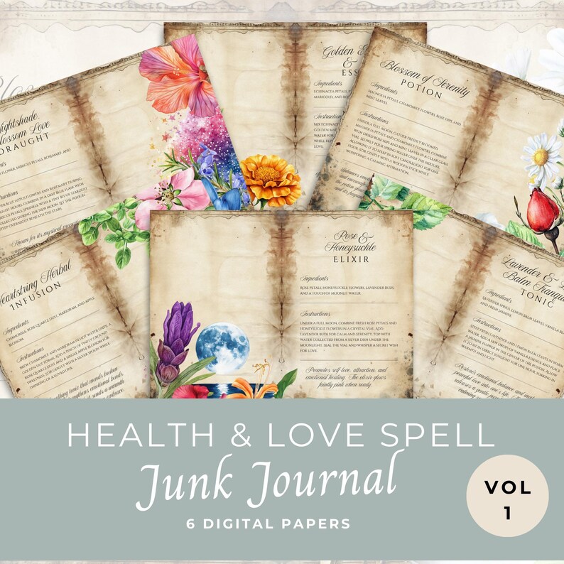 Love Potion Junk Journal Papers, Vintage Love Potions Scrapbook Pages ...