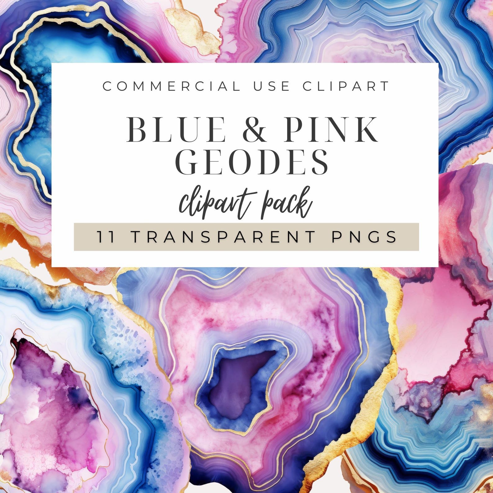 Blue & Pink Geode Clipart INSTANT DOWNLOAD Luxury Abstract Agate Rock ...