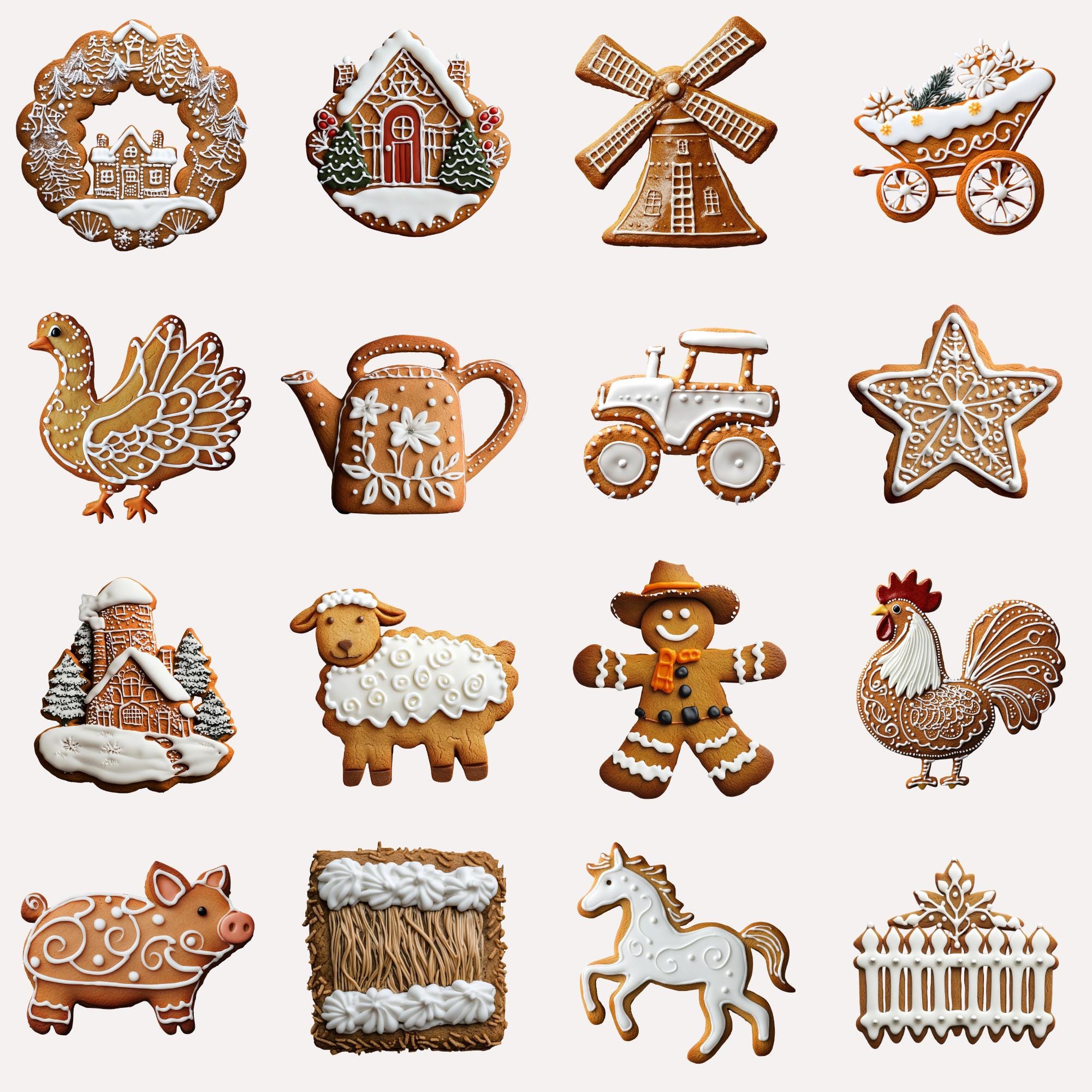 Farm-themed Gingerbread Cookie Clipart, Festive Watercolor Holiday ...