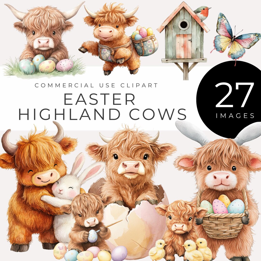Watercolor Highland Cow Easter Clipart, INSTANT DOWNLOAD, Bunny Ear ...