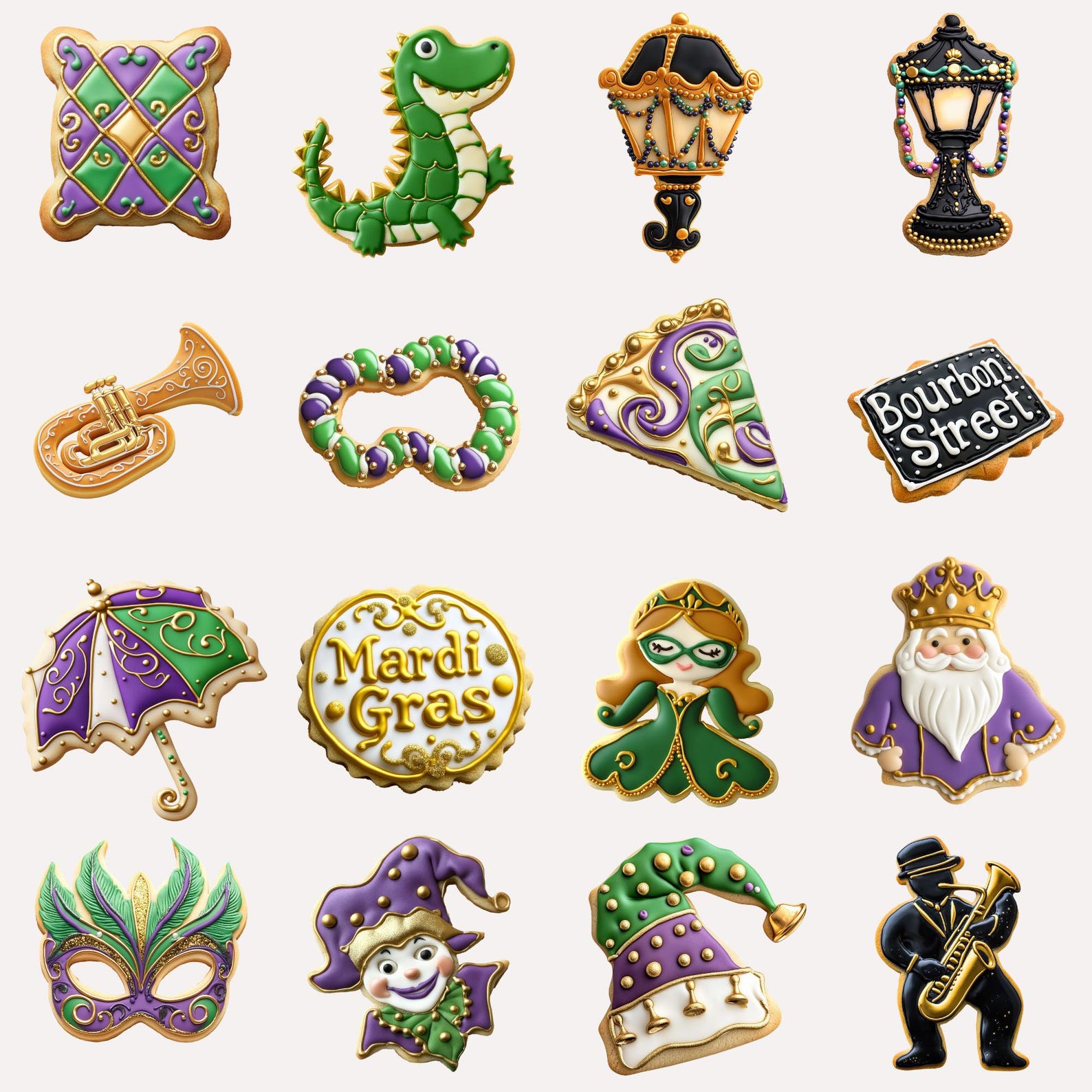 Mardi Gras Cookie Clipart INSTANT DOWNLOAD Watercolor Jazz, Crown, Mask ...