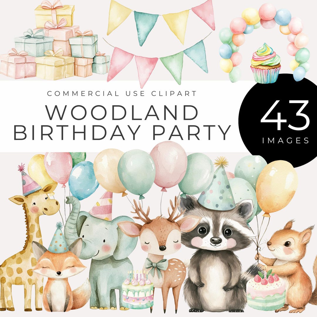 Woodland Animal Birthday Clipart INSTANT DOWNLOAD Watercolor Cute ...