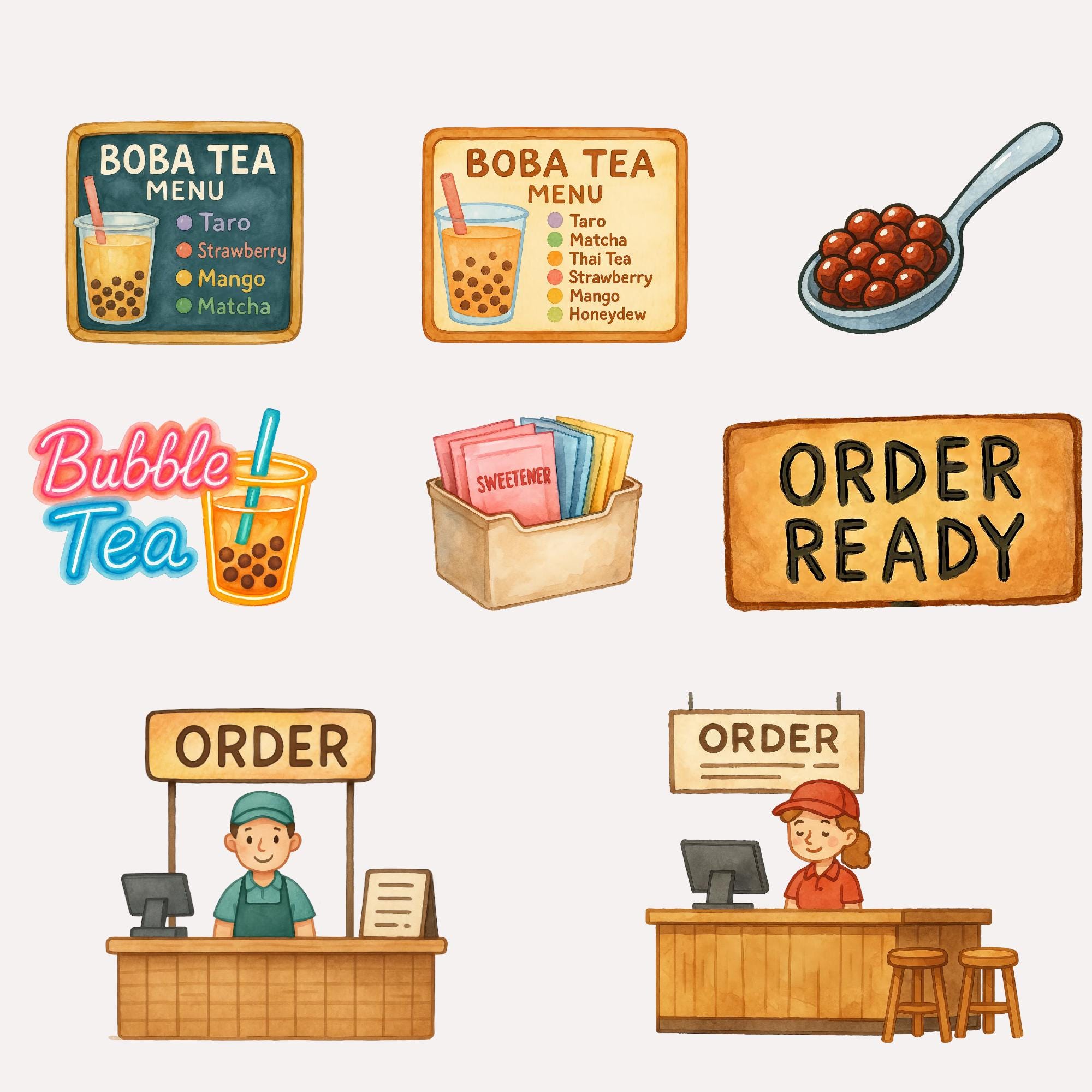 Cute Boba Tea Clipart, Instant Download, Bubble Tea PNG, Taro Matcha ...