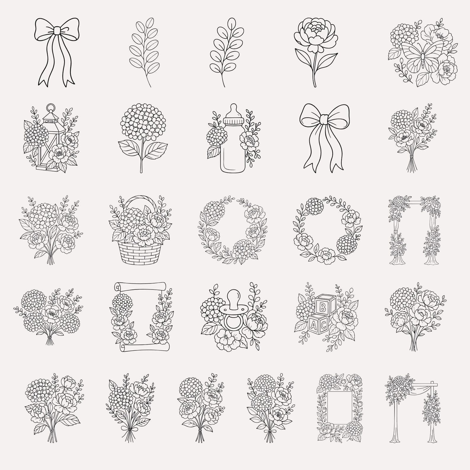 Hydrangea & Peony Svgs, Floral Line Art Clipart, Botanical Monoline ...