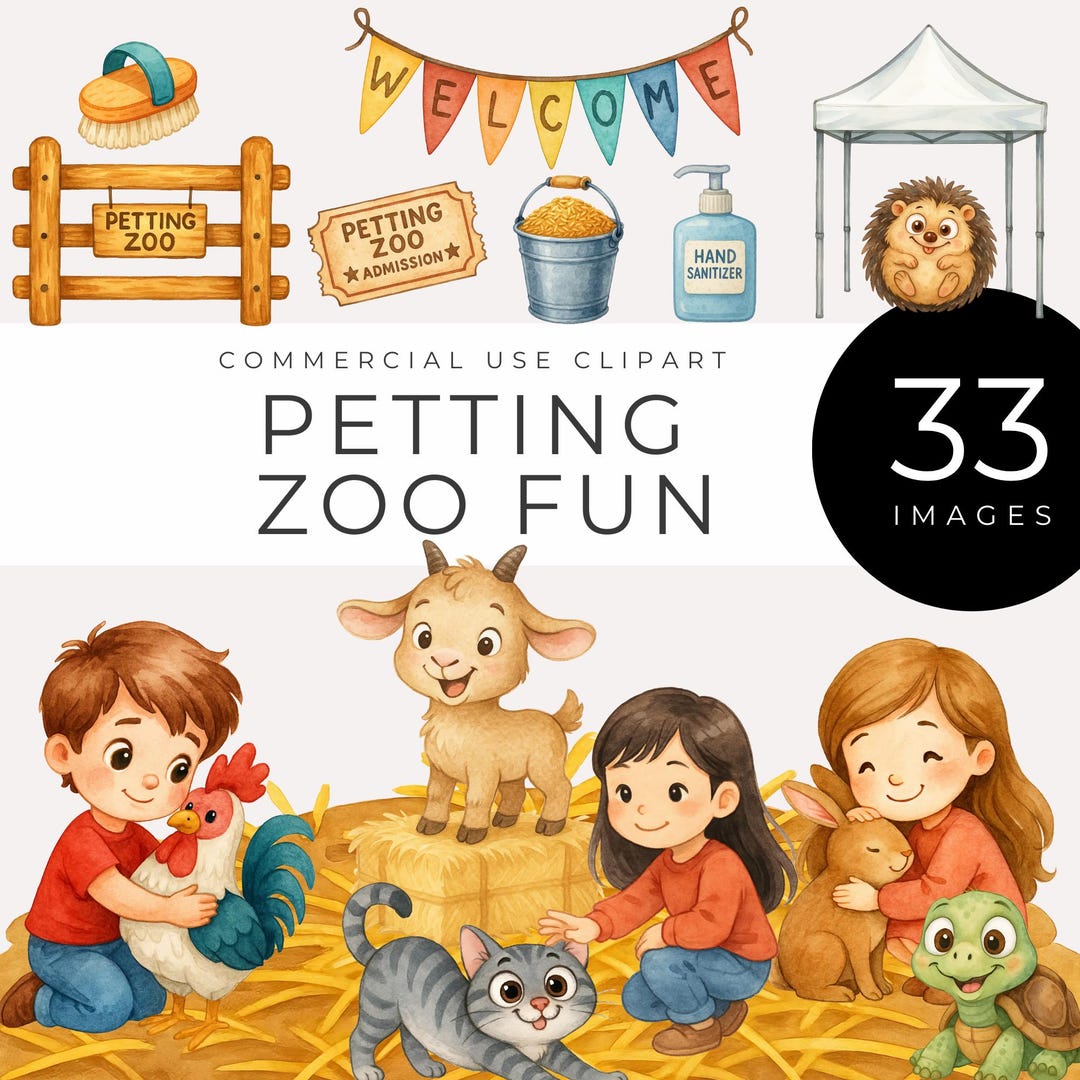Petting Zoo Clipart, Cute Watercolor Farm Animals, Kids & Rustic Props ...