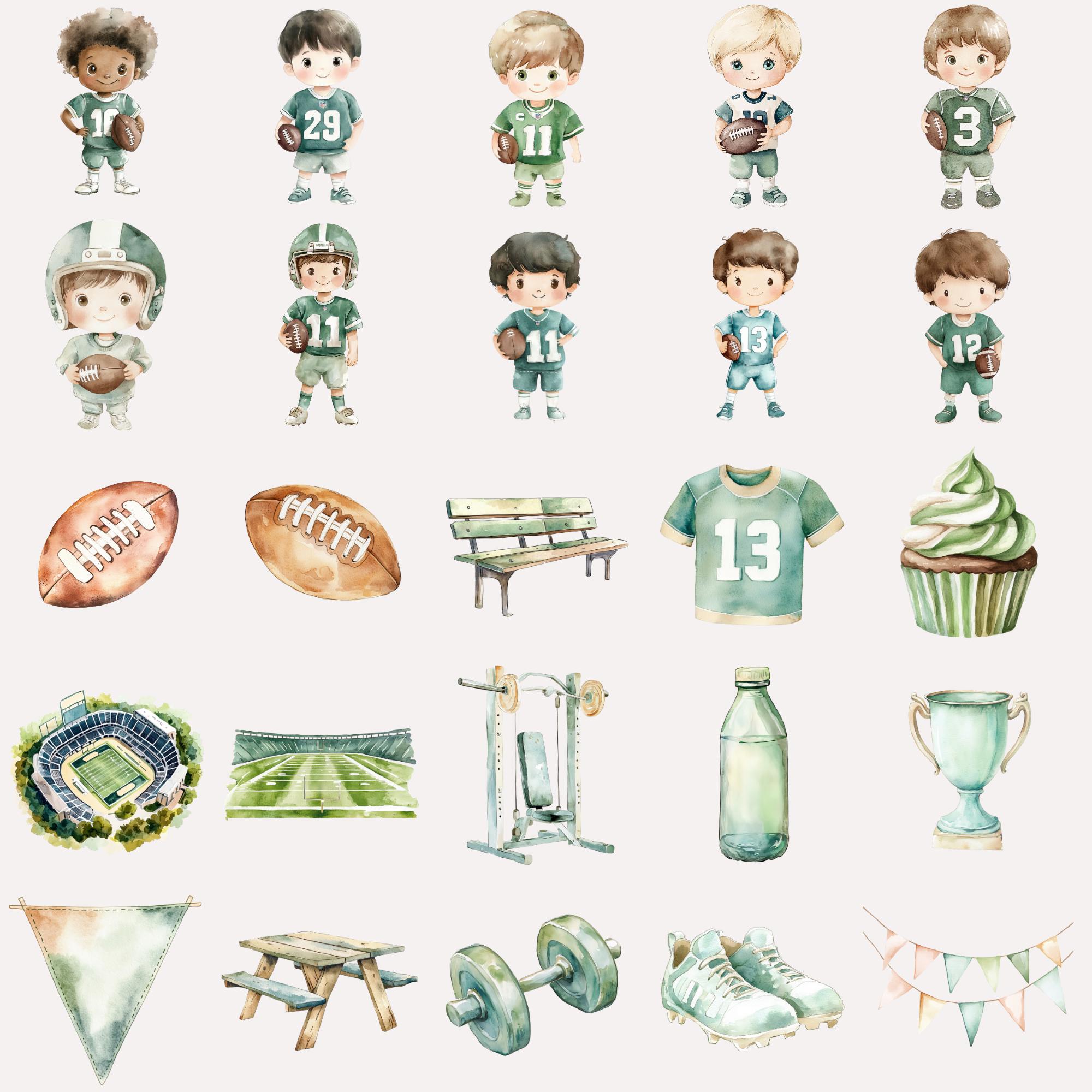 Football Clipart INSTANT DOWNLOAD Watercolor Cute Player Graphics, Kids ...