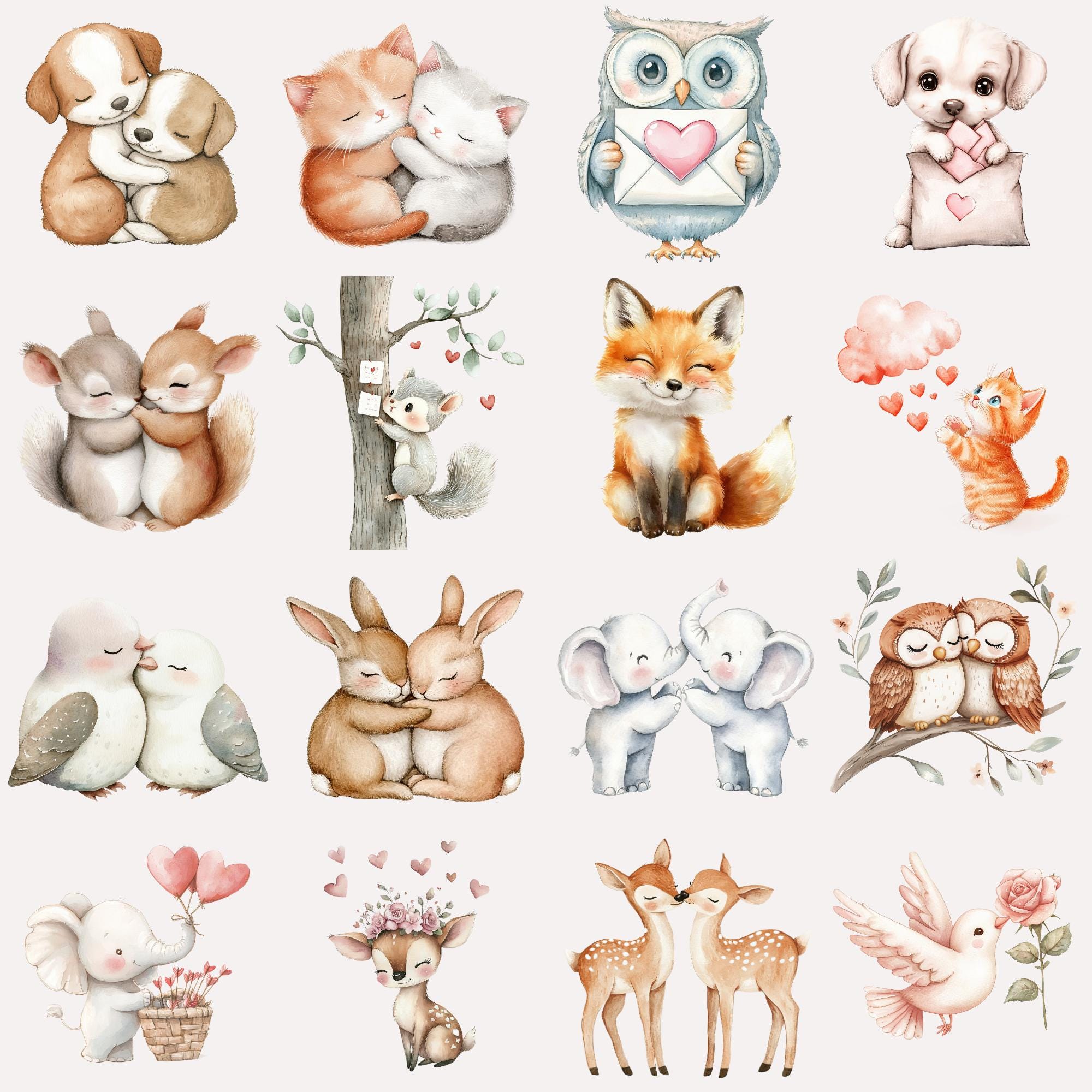 Valentine Animals Clipart INSTANT DOWNLOAD Adorable Watercolor ...