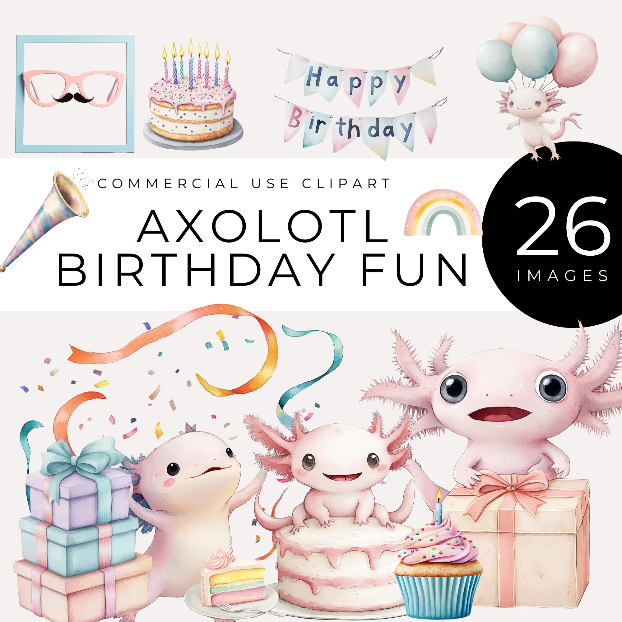 Axolotl Birthday Clipart, Instant Download, Cute Watercolor Party PNG ...
