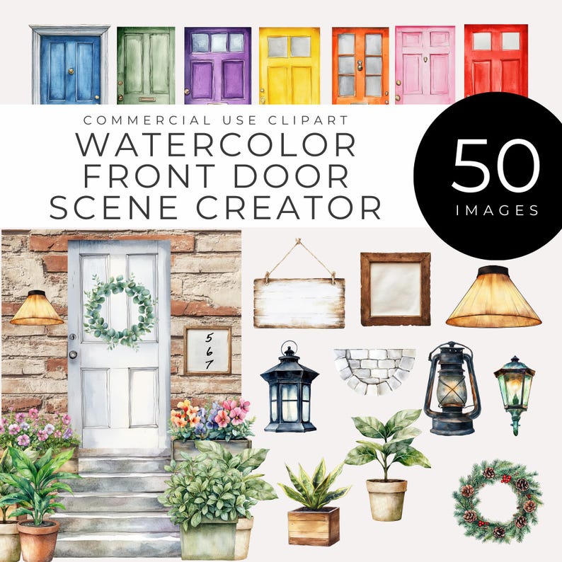 Watercolor Front Door Clipart INSTANT DOWNLOAD Home Entryway Scene ...