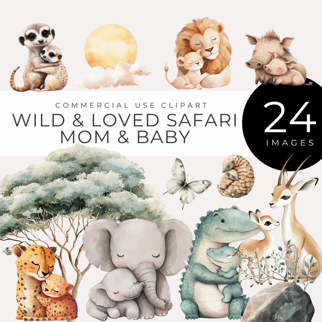 Mom and Baby Wild Safari Animals Clipart, Instant Download, Watercolor ...