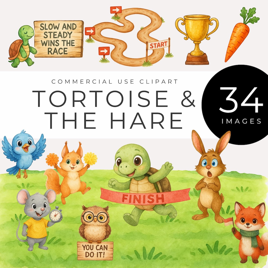 Tortoise and the Hare Clipart, Instant Download, Race Woodland Animals ...