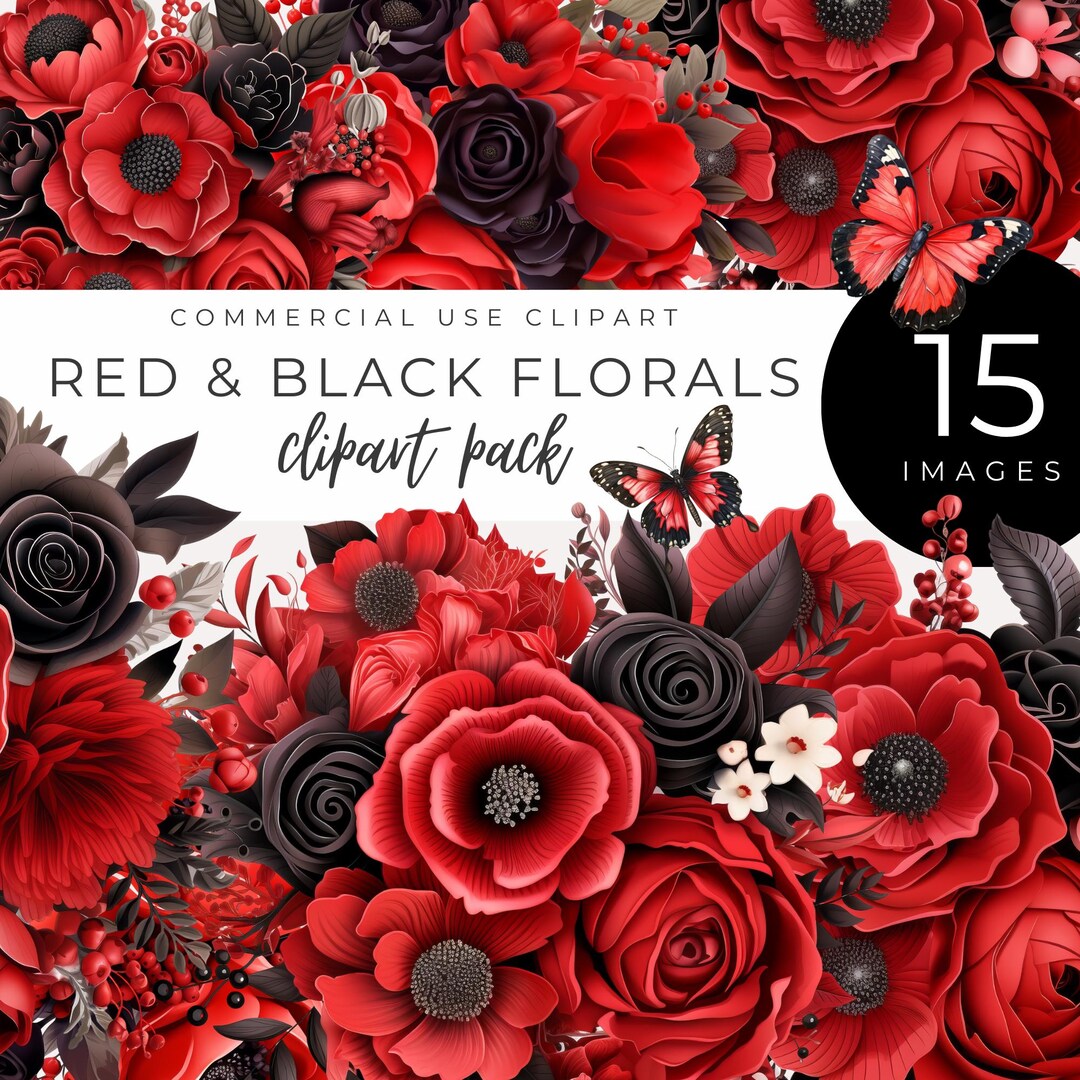 Red and Black Floral Clipart INSTANT DOWNLOAD Gothic Bouquet & Dramatic ...