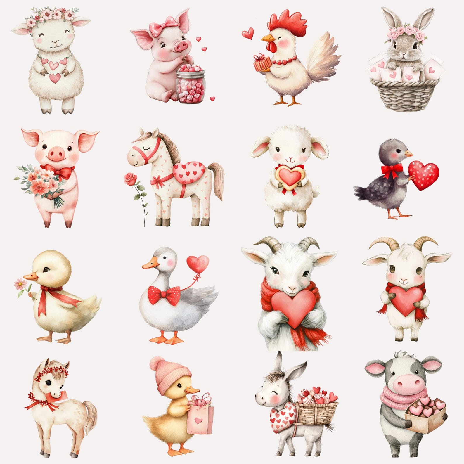 Watercolor Farm Animals Valentine's Day Clipart INSTANT DOWNLOAD Cute ...