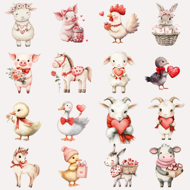 Watercolor Farm Animals Valentine's Day Clipart INSTANT DOWNLOAD Cute ...