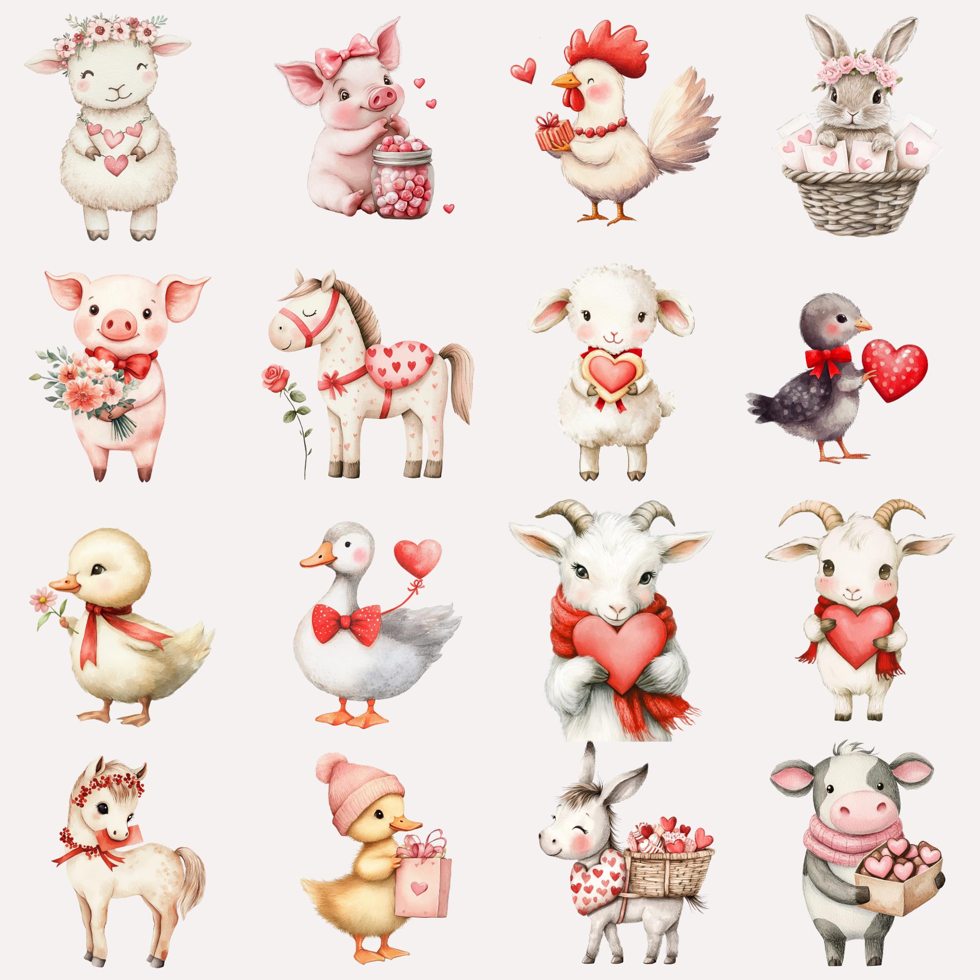 Watercolor Farm Animals Valentine's Day Clipart INSTANT DOWNLOAD Cute ...