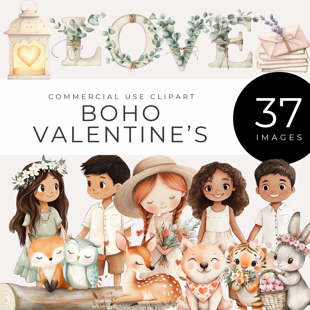 Watercolor Boho Valentine's Day Clipart, Romantic Boho Animals ...