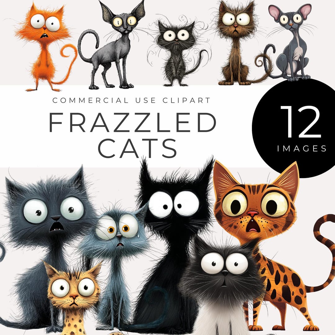 Frazzled Cat Clipart, INSTANT DOWNLOAD, Quirky Whimsical Kitty & Feline ...