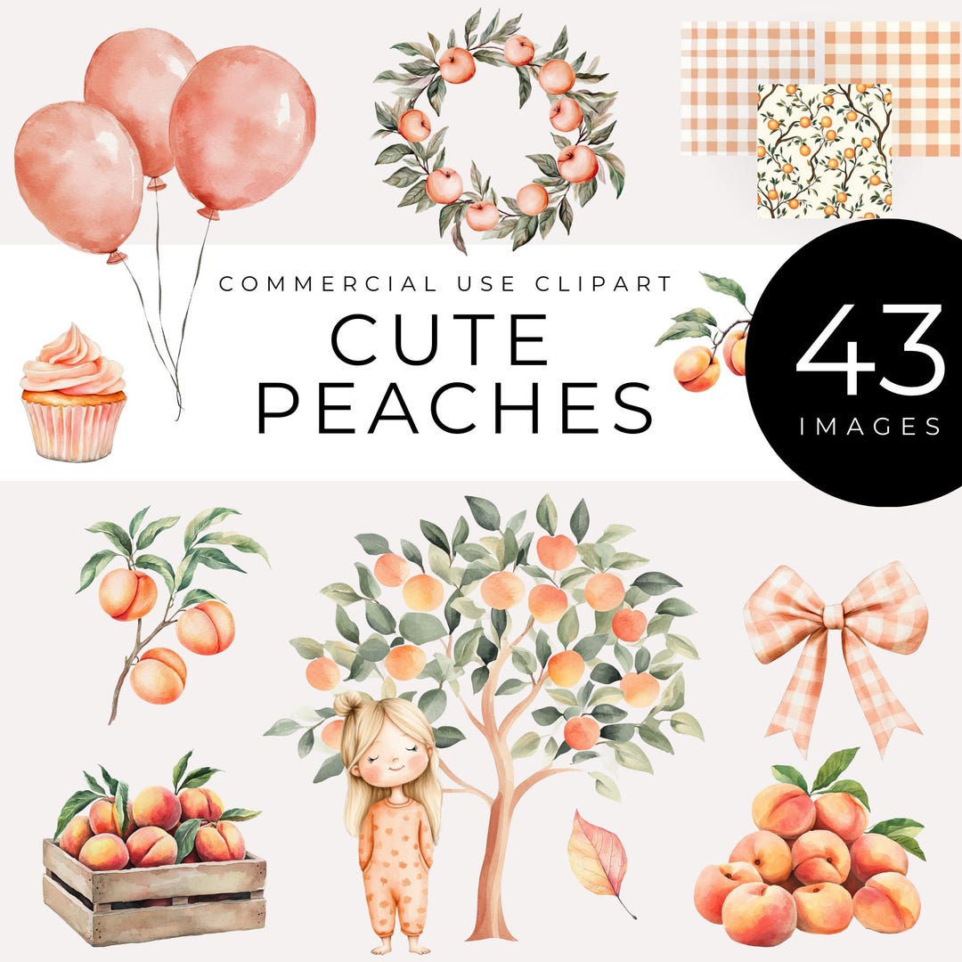 Cute Peach Clipart, Instant Download, Watercolor Fruit PNG, Cottagecore ...
