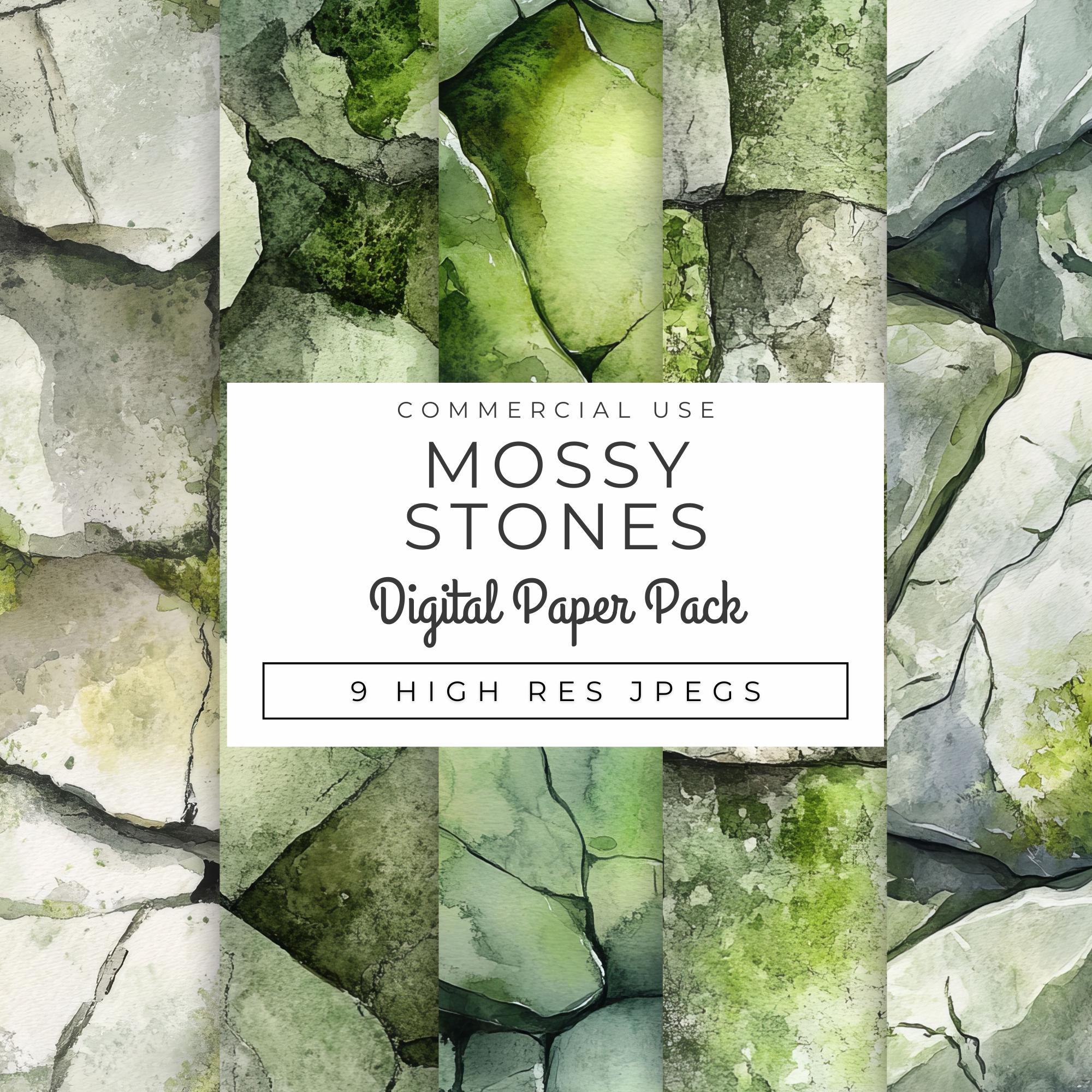 Mossy Stone Digital Papers INSTANT DOWNLOAD Watercolor Rock Textures, Green Moss Patterns ...