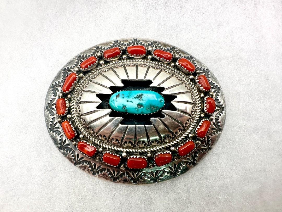 Vintage Navajo Native American Sterling Silver Turquoise Red Coral ...
