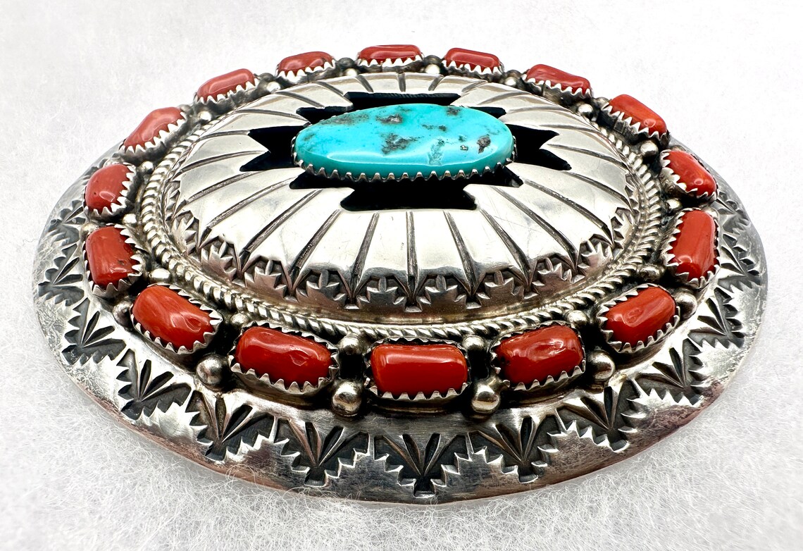 Vintage Navajo Native American Sterling Silver Turquoise Red Coral ...