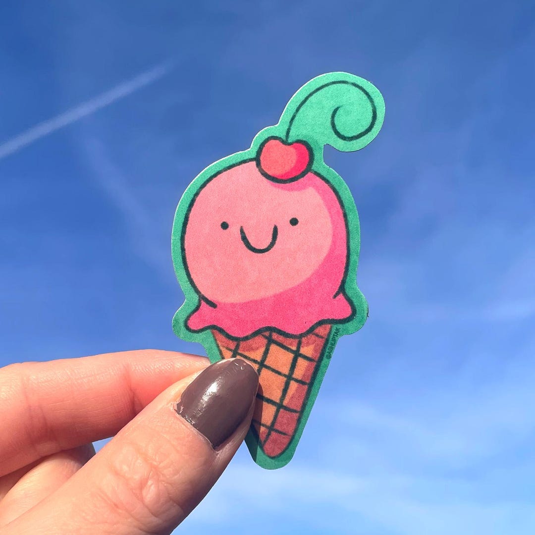 Happy Ice Cream Cone Sticker – Cute Smiley Face Dessert Illustration ...