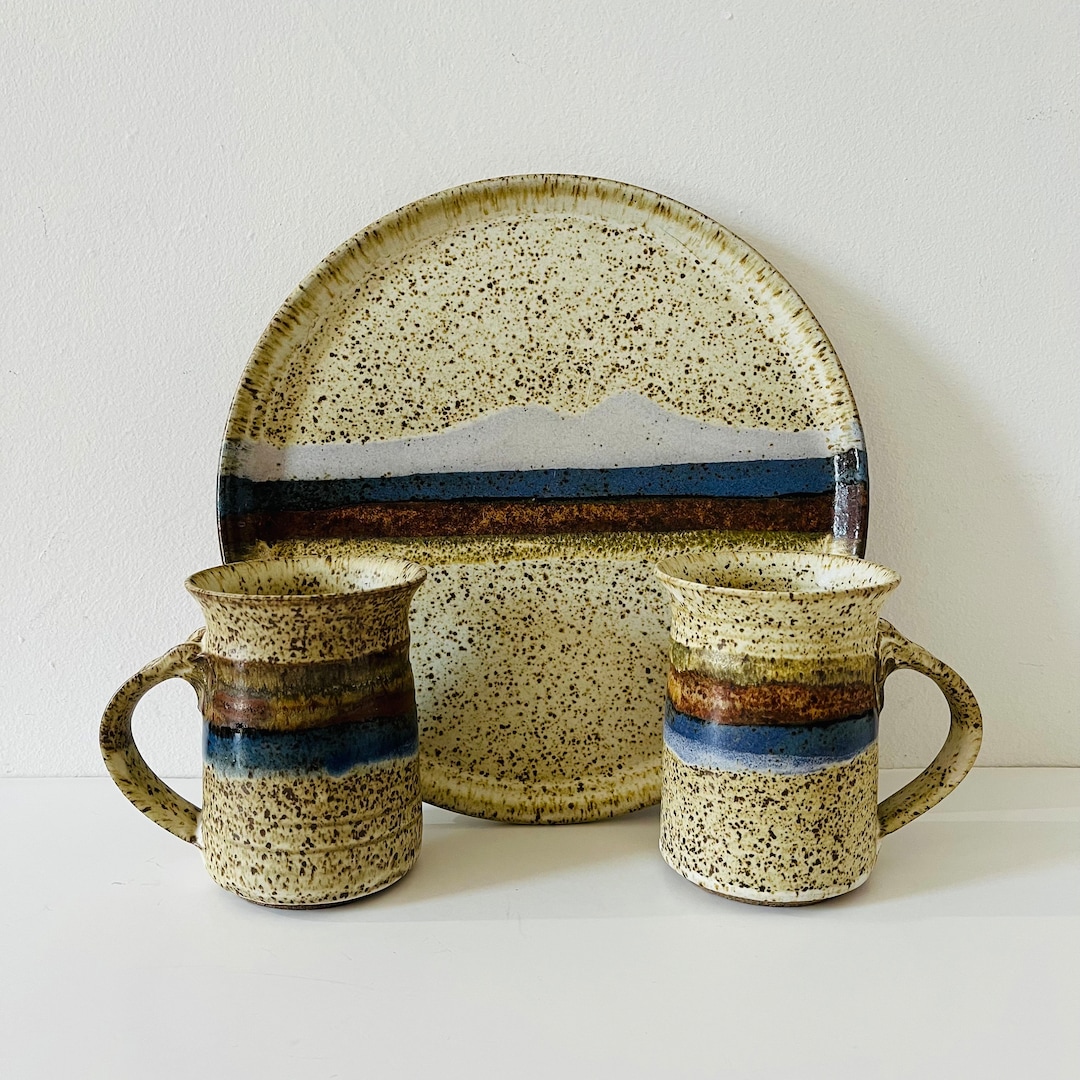 Vintage Studio Art Stoneware Landscape Mountain Pottery Pair of Coffee ...