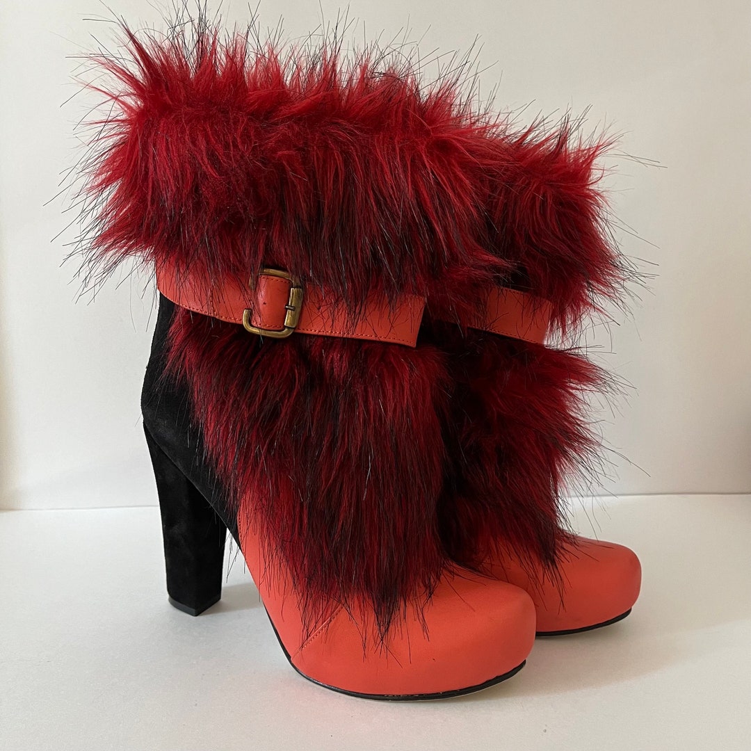 Vintage Red Pearl - MC Chunky Faux Fur High Heel Short Booties Size 38 ...