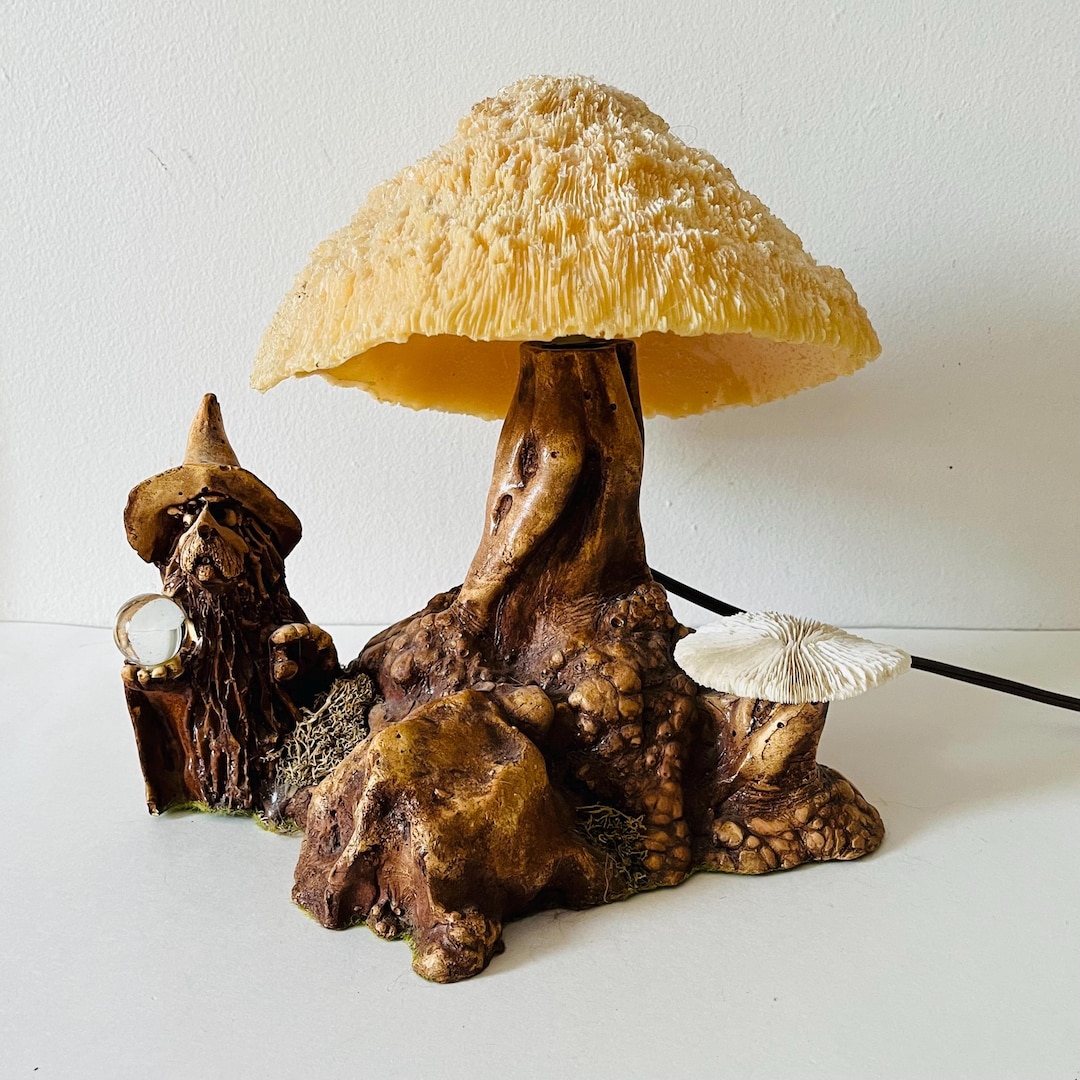 Vintage Magic Mushroom Lamp With Hand Built Carved Clay Pottery Wizard ...