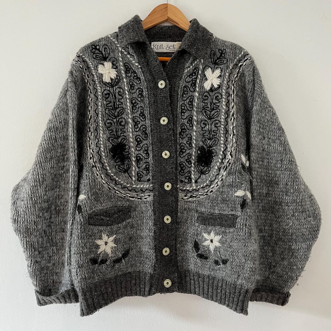 Vintage 1990's Knit-set Cottagecore Wool Blend Embroidered Floral ...