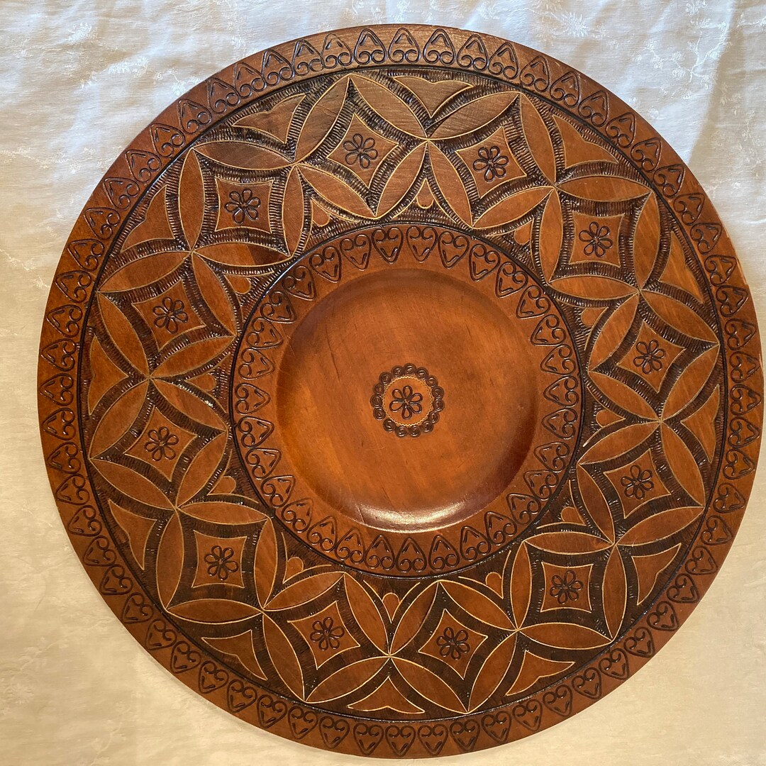 Vintage Carved Wooden Mandala Plate With Brass Inlay Folk Art Boho MCM ...