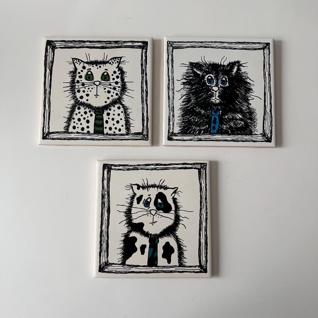 Vintage Cat Art Wall Tiles Set of Three Ceramic Decor Tiles Comical ...
