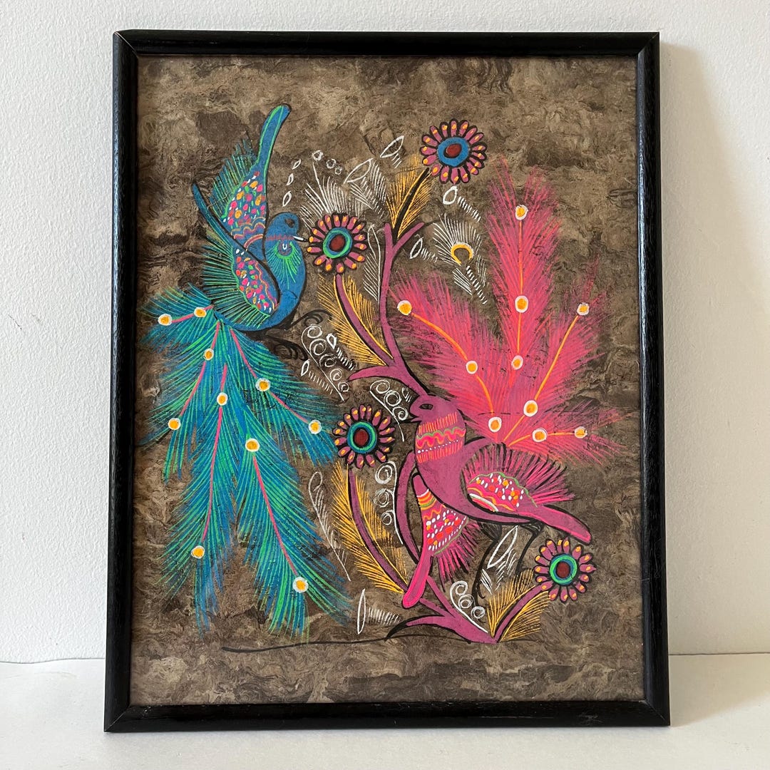 Vintage Mexican Folk Art Painting Birds of Paradise Amate Bark Paper ...