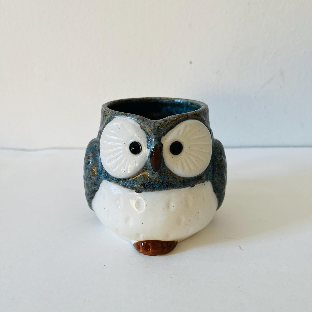 Vintage Stoneware White and Blue Owl 3D Design Coffee Cup Tea Mug Cup ...
