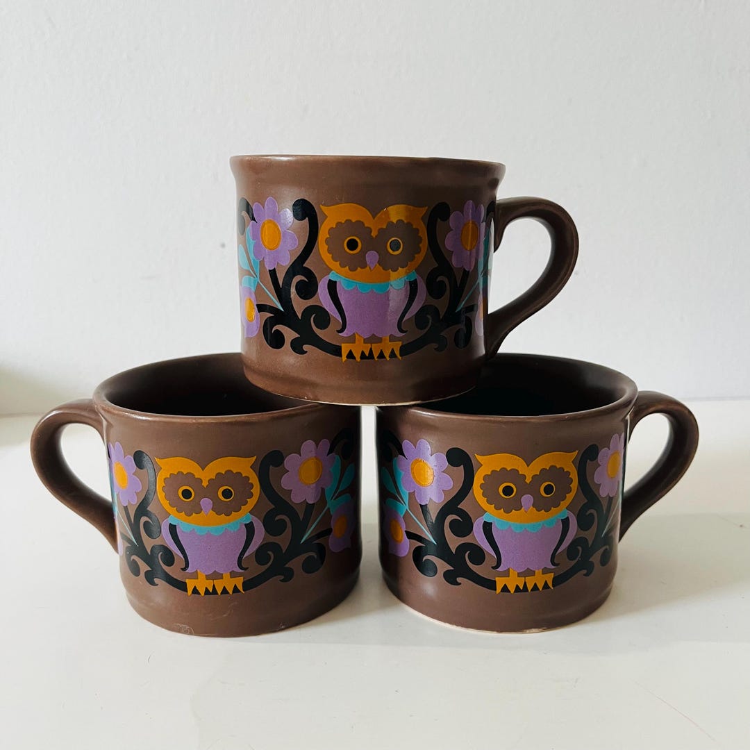 Vintage Sadler Retro Owls 5 Piece Cream Sugar and Mug Set Owl Cups Tea ...