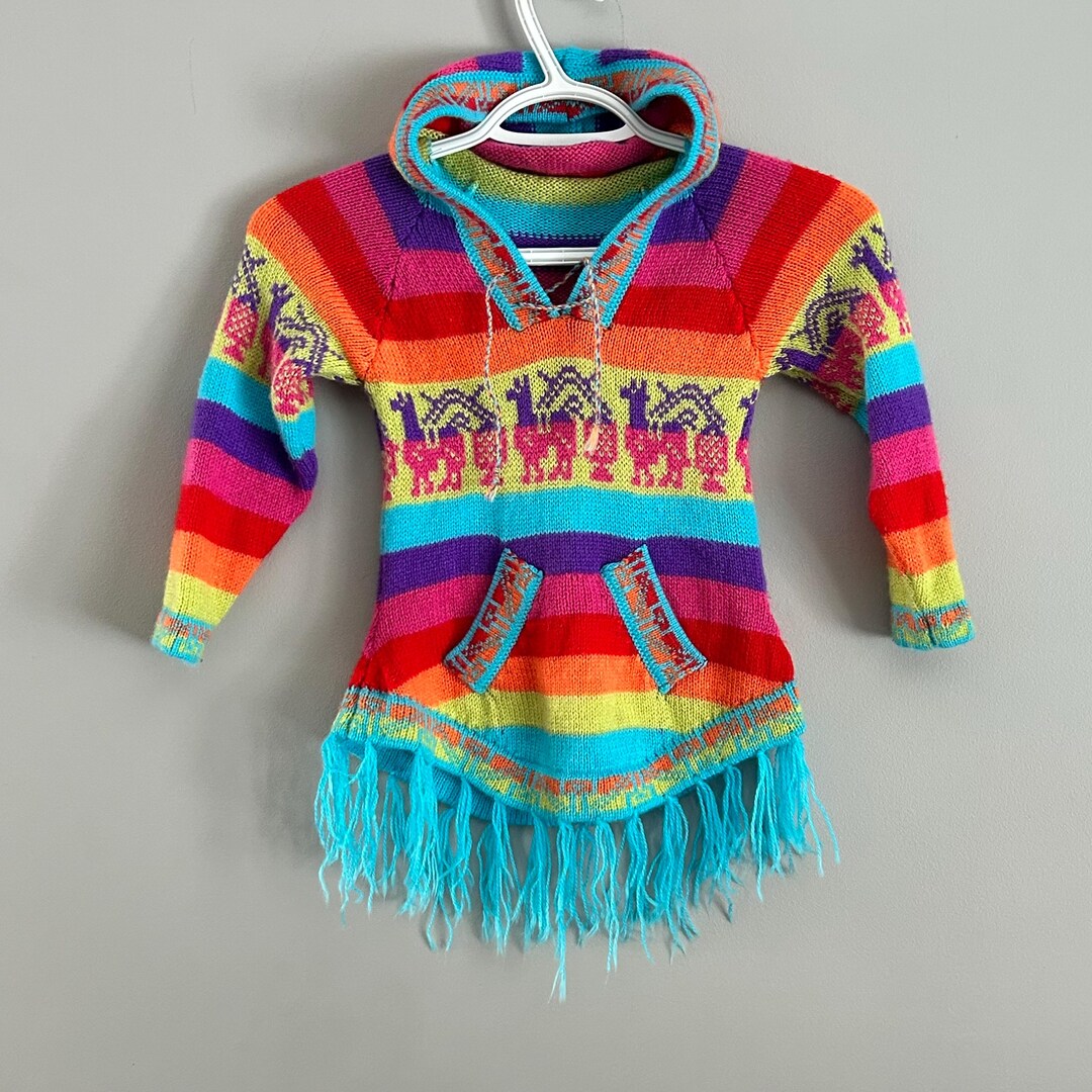 Vintage Rainbow Peruvian 100% Alpaca Wool Pullover Kangaroo Hooded ...