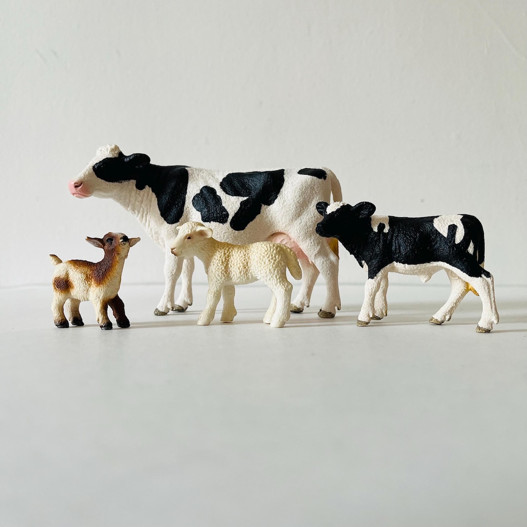 Schleich Black and White Holstein Dairy Cow Calf With Kid Goat and Lamb ...