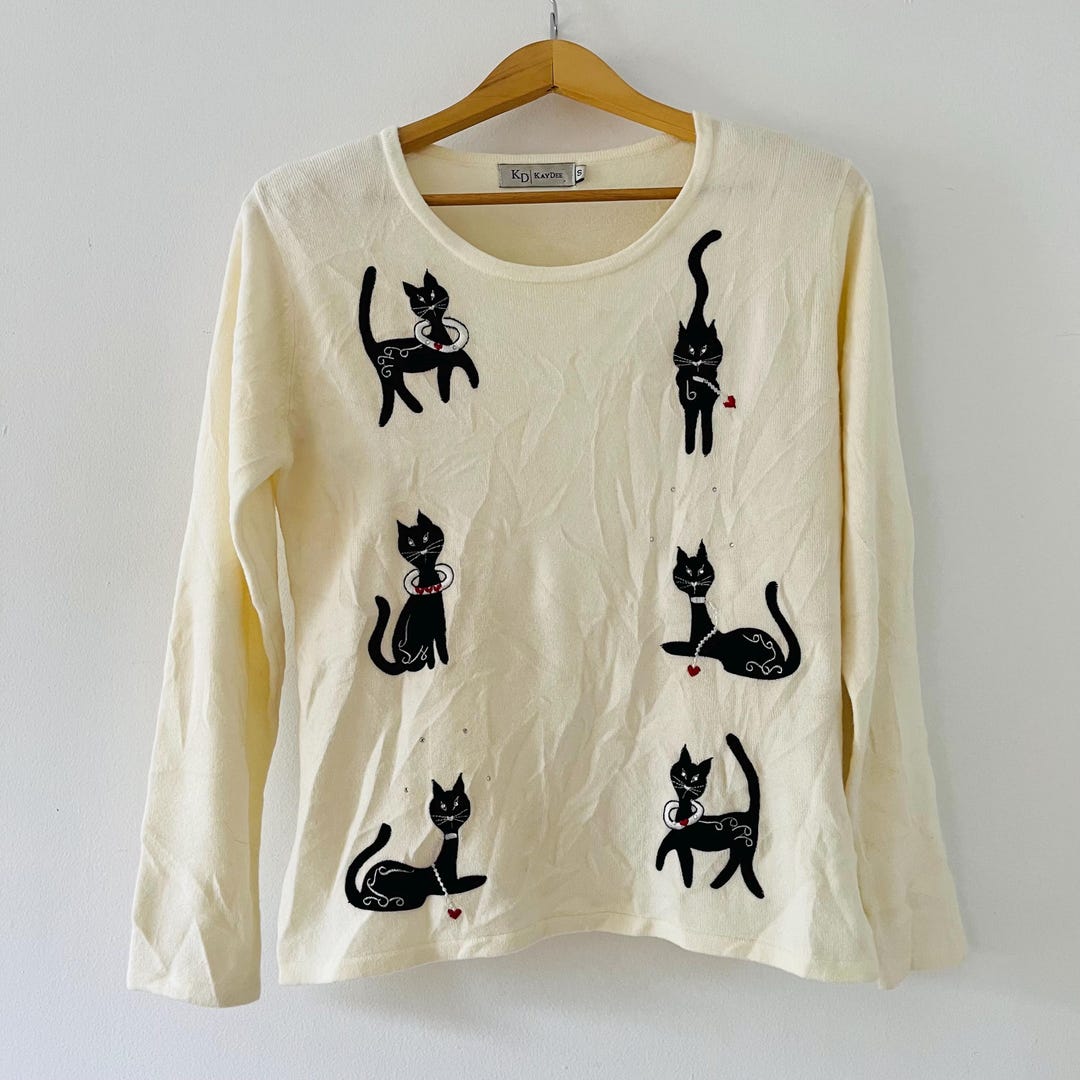 Vintage KD Kaydee Acrylic Black Atomic Love Cats Sweater Size Small - Etsy